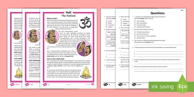 UKS2 Holi Differentiated Reading Comprehension Activity