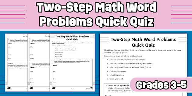 Two-Step Math Word Problems Quick Quiz for 3rd-5th Grade