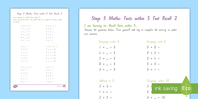New Zealand Maths Stage 3 Facts within 5 Fast Recall 2 Worksheet