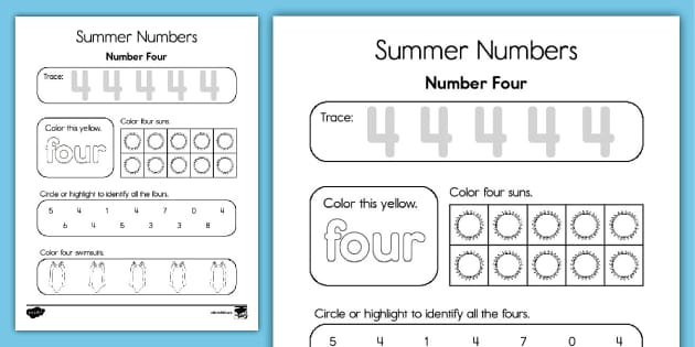 Summer Number Four Worksheet | Special Educations | twinkl