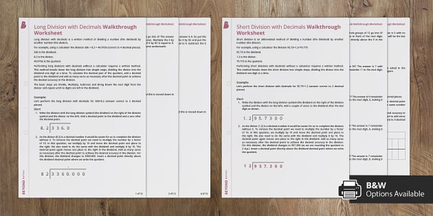 Long and Short Division with Decimals Walkthrough Worksheet Long and Short Division with Decimals Walkthrough Worksheet