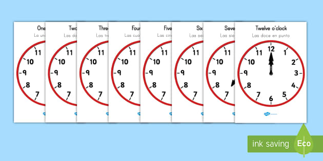 Analogue Clocks Hourly O Clock English Spanish Analogue Clocks 