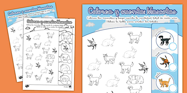 Ficha de actividad: Colorea y cuenta - Mascotas