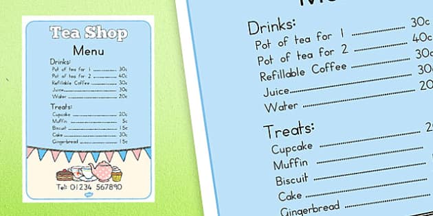 Tea Shop Role Play Menu (teacher made) - Twinkl