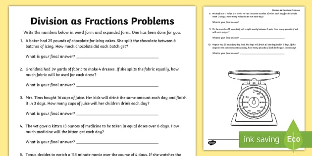 Division As Fractions Word Problems Worksheet Worksheet