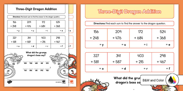 Second Grade Three-Digit Dragon Addition Worksheet - Twinkl Second Grade Three-Digit Dragon Addition Worksheet - Twinkl