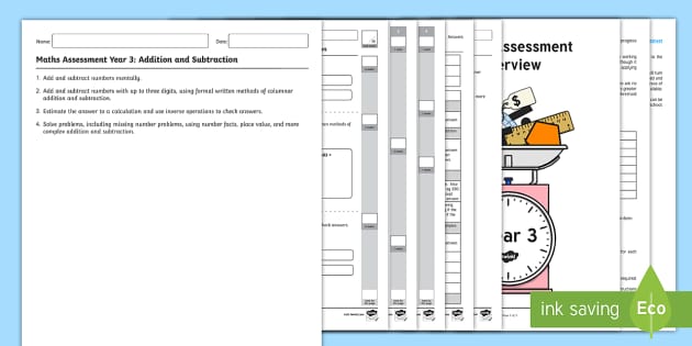 Year 3 Mathematics Addition and Subtraction Assessment Sheet