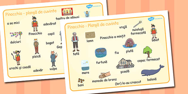 Pinocchio - Planșă cu imagini și cuvinte (teacher made)