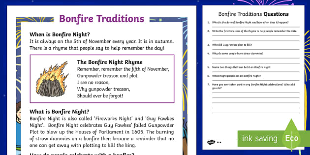 KS1 Bonfire Traditions Differentiated Reading Comprehension Activity