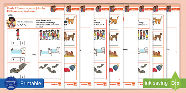 Grade 1 Phonics: -s words (plurals) differentiated worksheets