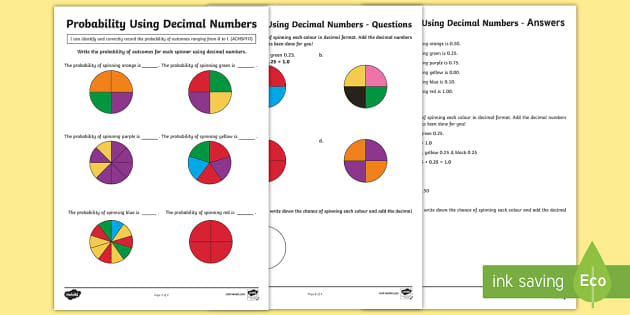 Probability Using Decimal Numbers Worksheet / Worksheet