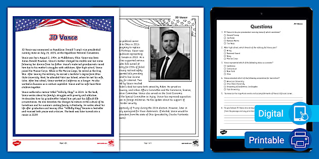 Sixth Grade JD Vance Reading Comprehension Activity - Twinkl