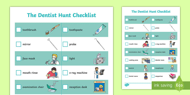 The Dentist Aistear Hunt Checklist (teacher made) - Twinkl
