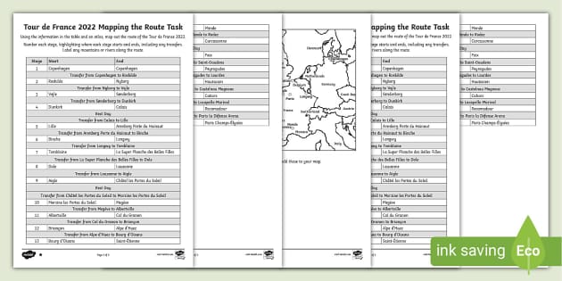Tour de France 2022 Route Planning Differentiated Worksheets