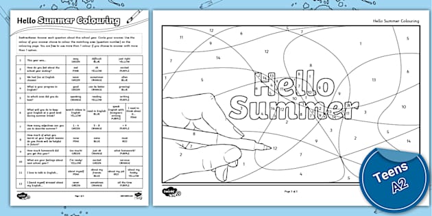 ESL Hello Summer Reflection Colouring [Teens, A2] - Twinkl