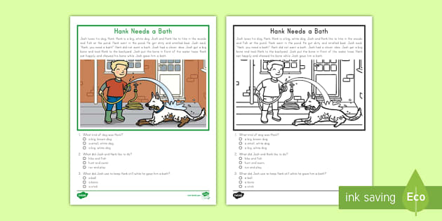 First Grade Hank Needs a Bath Reading Passage Comprehension Activity