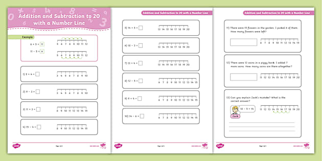Addition and Subtraction to 20 with a Number Line Worksheet