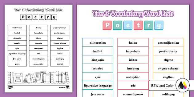 Tier 3 Vocabulary Word List: Poetry for 3rd-5th Grade