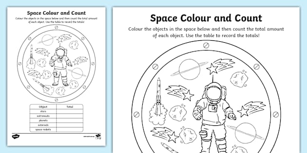 Space Colour and Count Worksheet (teacher made) - Twinkl