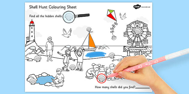 Seaside Shell Hunt Colouring Sheet (teacher made) - Twinkl