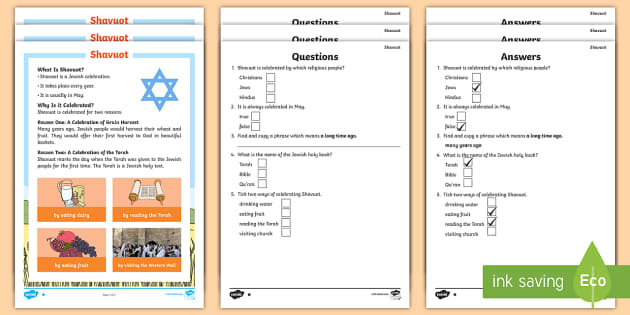 KS1 Shavuot Differentiated Reading Comprehension Activity