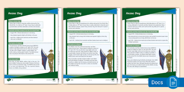 Anzac Day Differentiated Reading Comprehension Activity