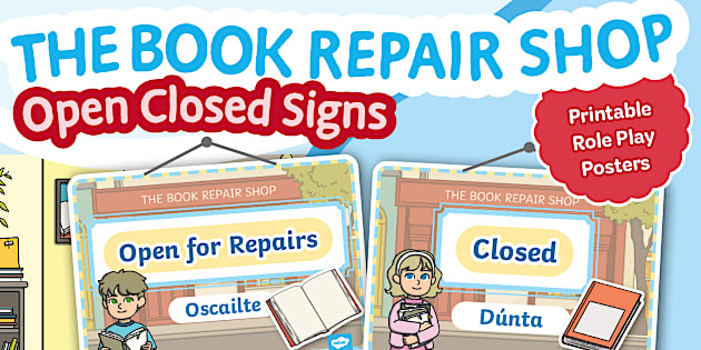 The Book Repair Shop Open Closed Signs