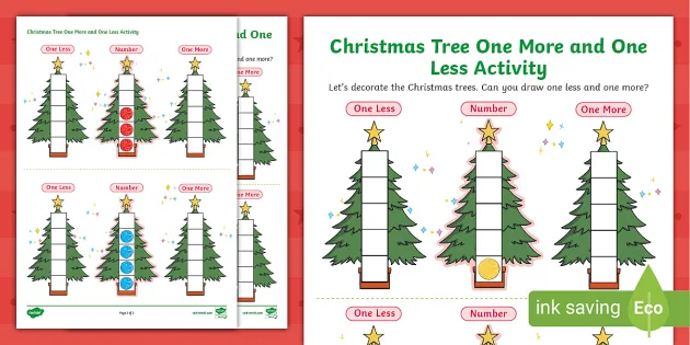 Christmas Tree One More and One Less Activity Sheet | Twinkl