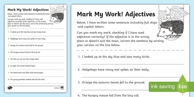 Mark My Work! Adjectives Worksheet (teacher made) - Twinkl