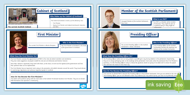 Roles in the Scottish Parliament Information Cards - Twinkl