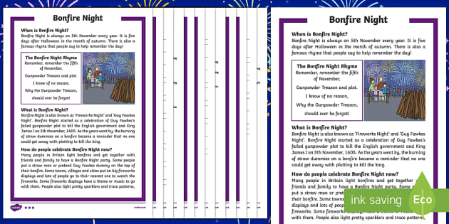 KS1 Bonfire Night Differentiated Reading Comprehension Activity