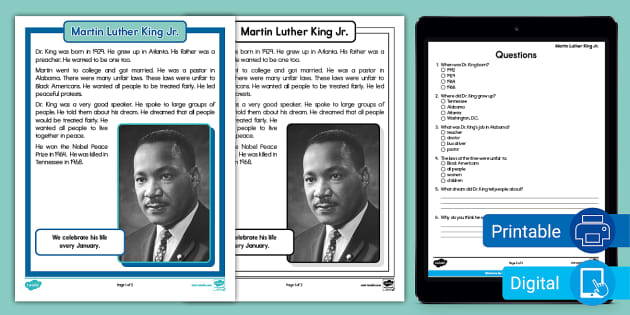 First Grade Martin Luther King Jr. Reading Comprehension