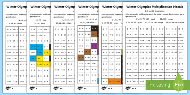 Winter Olympics Multiplication Mosiac Worksheet / Worksheets