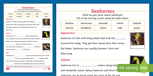 Seahorses Cloze Worksheet (teacher made) - Twinkl