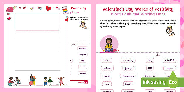 Valentine s Day Positivity Word Bank And Writing Lines