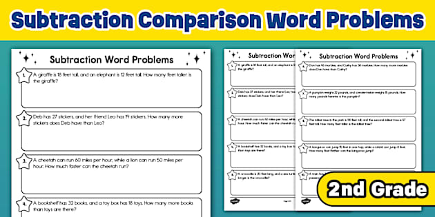 Second Grade Subtraction Comparison Word Problems Worksheet
