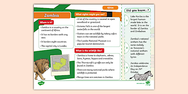 KS1 Zambia Fact File - Geography - Around the World - Twinkl KS1 Zambia Fact File - Geography - Around the World - Twinkl