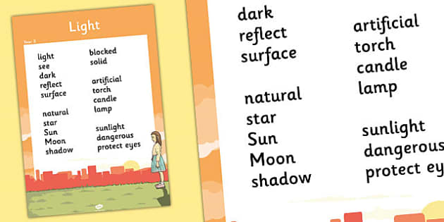 Year 3 Light Scientific Vocabulary Poster - words, science