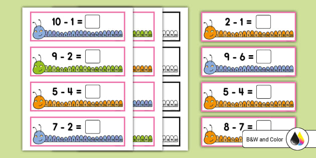 Count Back Caterpillar Cards Subtraction Within 10 for K-1st Grade