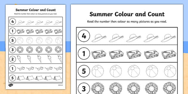 Summer Themed Count and Color Sheet (Teacher-Made) - Twinkl