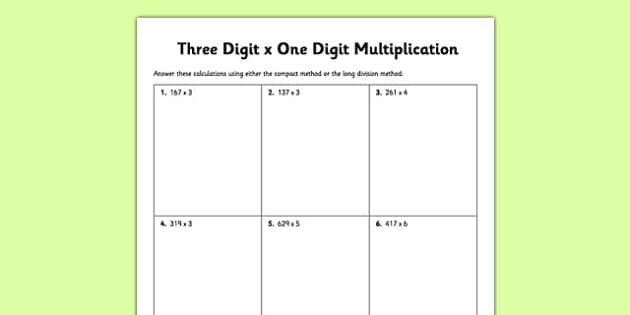 Three Digit X One Digit Multiplication Worksheet Australia