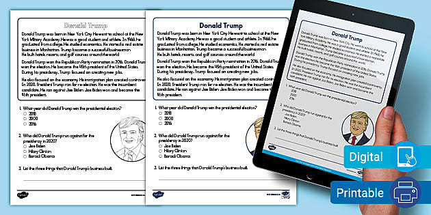 Second Grade Donald Trump Reading Passage Comprehension Activity