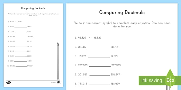 Comparing Decimals to the Thousandths Place Worksheet / Worksheet