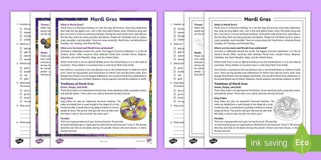Fifth Grade Mardi Gras Reading Comprehension Worksheet