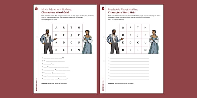 Much Ado About Nothing Characters Word Grid Game - Twinkl Much Ado About Nothing Characters Word Grid Game - Twinkl