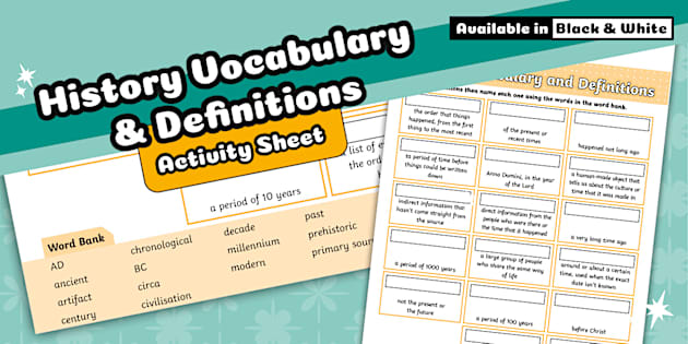 History Vocabulary and Definition Matching Worksheet