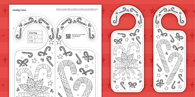Candy Cane Door Hanger Colouring Worksheet - Twinkl