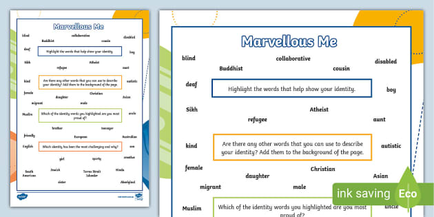 Marvellous Me and My Identity Activity (teacher made) Marvellous Me and My Identity Activity (teacher made)