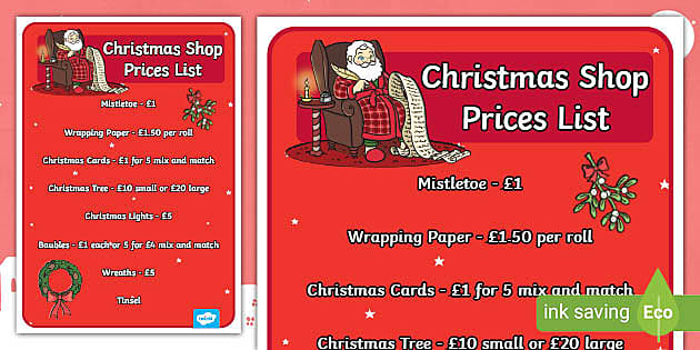 Christmas Shop Role Play Prices List (teacher made) - Twinkl