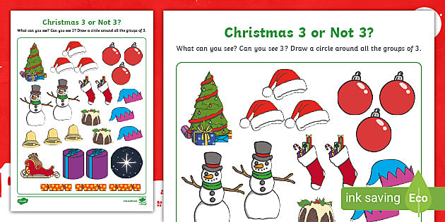 Christmas 3 or Not 3? Subitising Worksheet (teacher made)